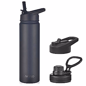 Mininoo 24 oz Insulated Water Bottle with Straw, Stainless Steel Double Wall Vacuum Thermos with Straw Lid & Chug Lid, Leak Proof, BPA Free, Keep Cold for 24H & Hot for 12H(Black)