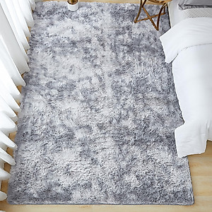 Andency 6x9 Shag Area Rug for Living Room, Tie-Dyed Light Grey Soft Fuzzy Plush Indoor Carpets for Bedroom, Non Skid Fluffy Faux Fur Rug for Nursery Kids Boys Girls Room