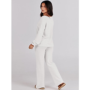 ANRABESS Women 2 Piece Outfits Sweater Lounge Sets Long Sleeve Cable Knit Pullover and Wide Leg Pants Tracksuit Matching Set White Large