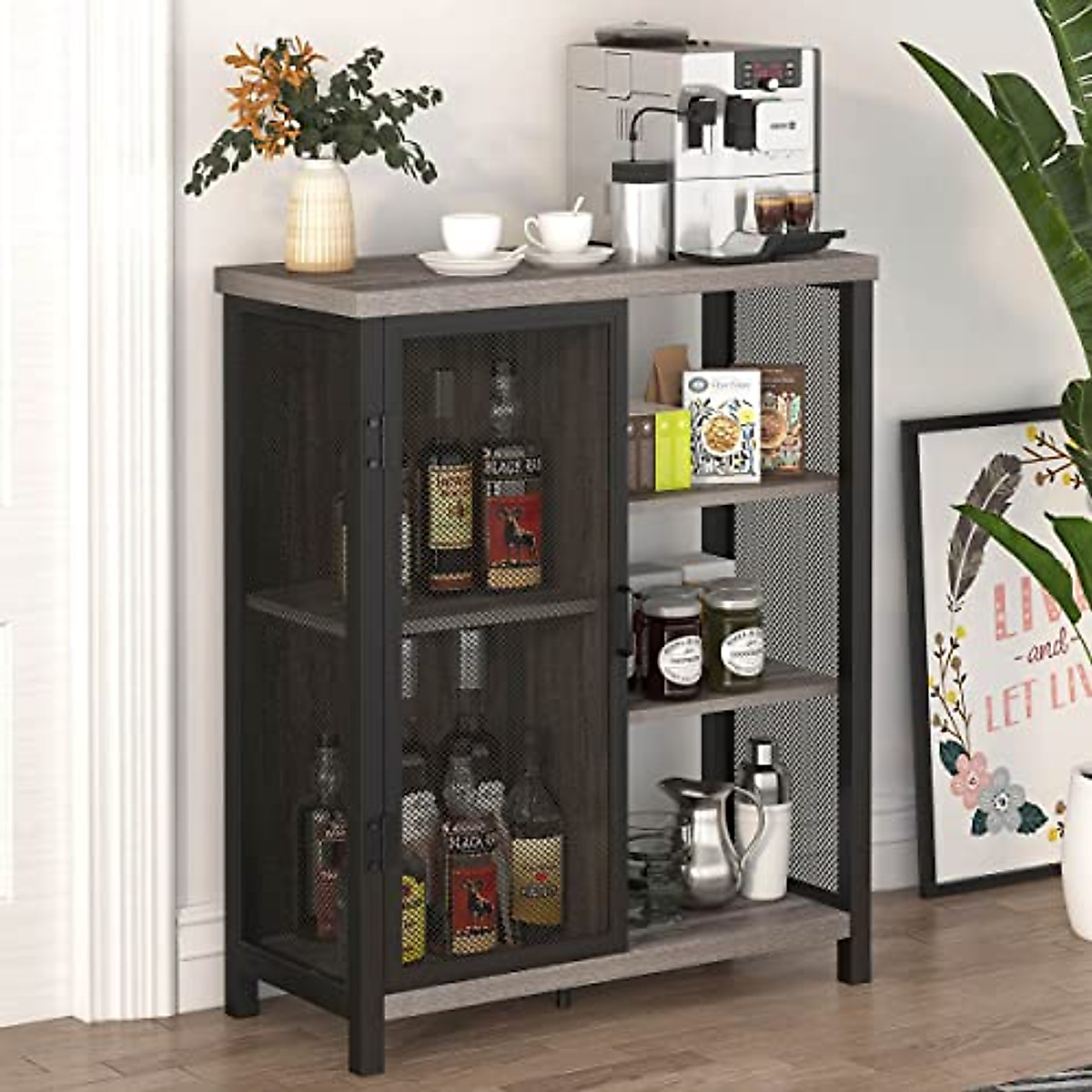 BON AUGURE Farmhouse Coffee Bar Cabinet with Storage, Industrial Liquor Cabinet with Adjustable Shelves, Rustic Small Buffet and Sideboard for Home (French Gray)