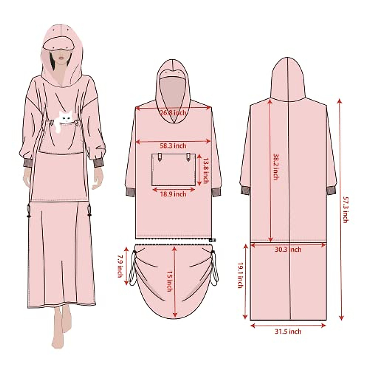 Iplusmall Super Warm Wearable Blanket Hoodie, Adjustable Length Flannel Hooded Snuggies Sherpa One Size Fits All, Oversized Blanket with Giant Pocket Zipper for Adult Kids Women as A Gift, Pink