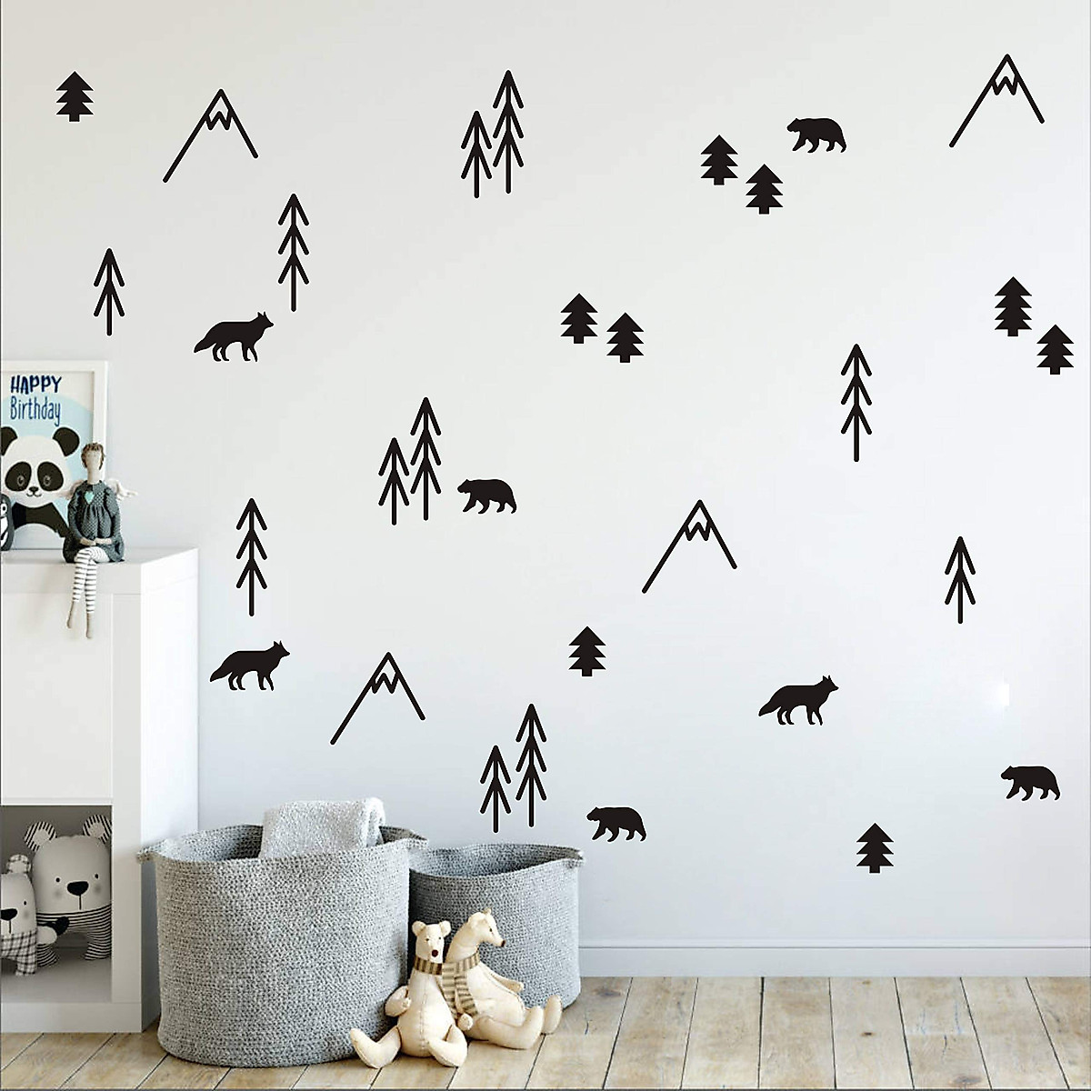 Woodland Animals, Trees and Mountains Wall Decals, Vinyl Stickers for Bedroom, Living Room, School, Nursery Wall Decals, Room Decor A44 (Black)