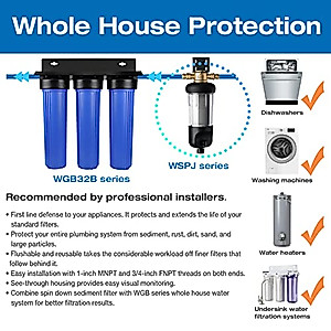 iSpring WSP500J Reusable Whole House Spin-Down Sediment Water Filter, Upgraded Jumbo Size, Large Capacity, 500-Micron Flushable Prefilter Filtration, 1" MNPT + 3/4" FNPT, Lead-Free Brass