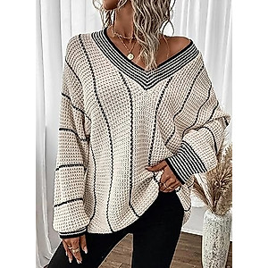 Dokotoo Womens Oversized Long Sleeve Sweaters Winter Trendy V Neck Striped Sweater Fashion Long White Sweaters for Women X-Large
