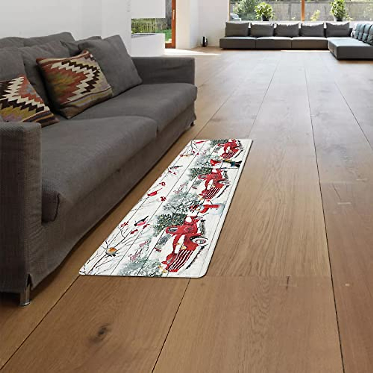 Kitchen Mat Rug Set of 2 Christmas Red Truck Gnome Snowman Xmas Tree Bird Winter Snowy Runner Rug Anti-Fatigue Comfort Memory Foam Standing Mat Non-Slip Floor Door Mat for Bedroom 20x32in+20x63in