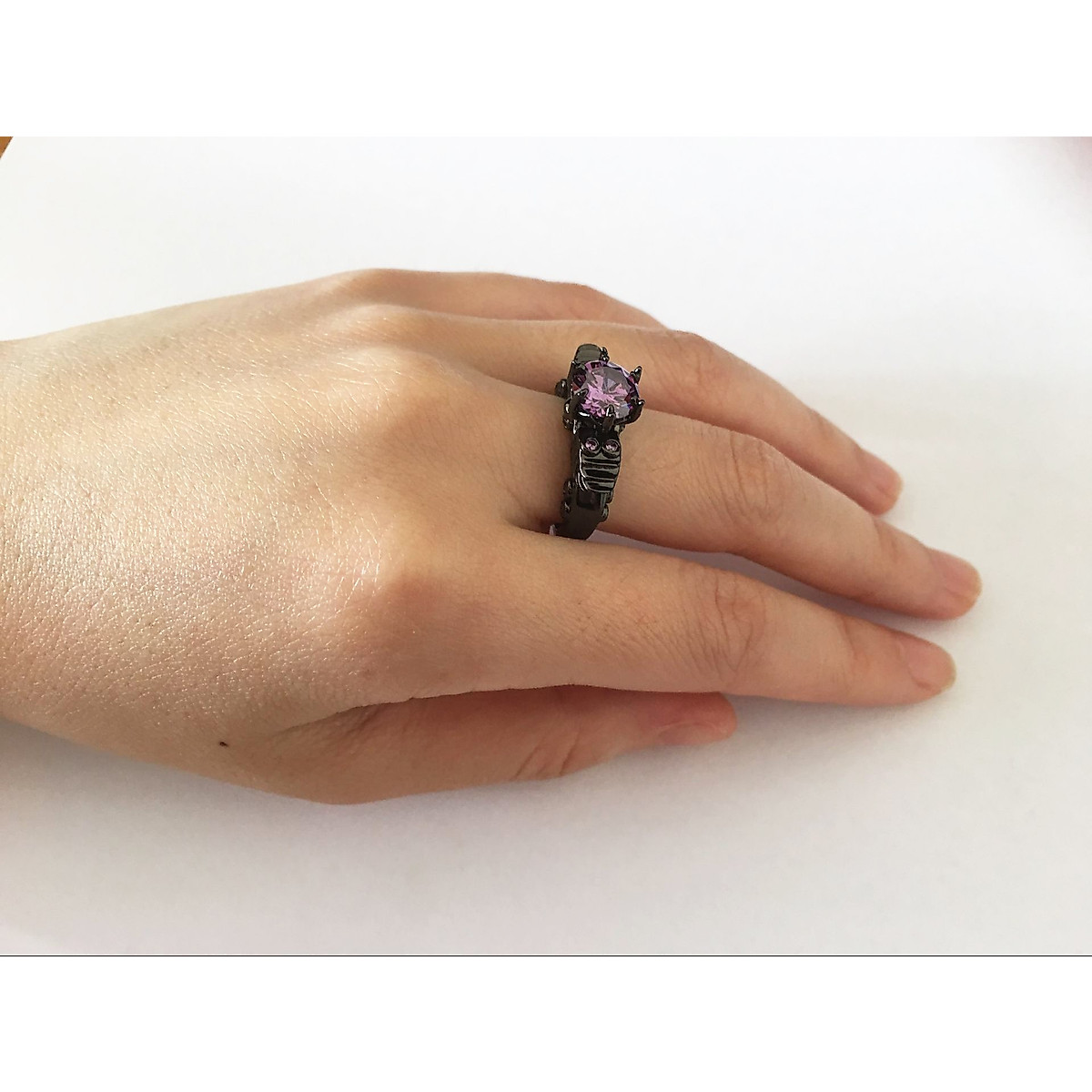 Vintage Black Gold Plated CZ Amethyst Gothic Skull Ring Purple Cubic Zirconia Retro Statement Cocktail Party Biker Rings (9)