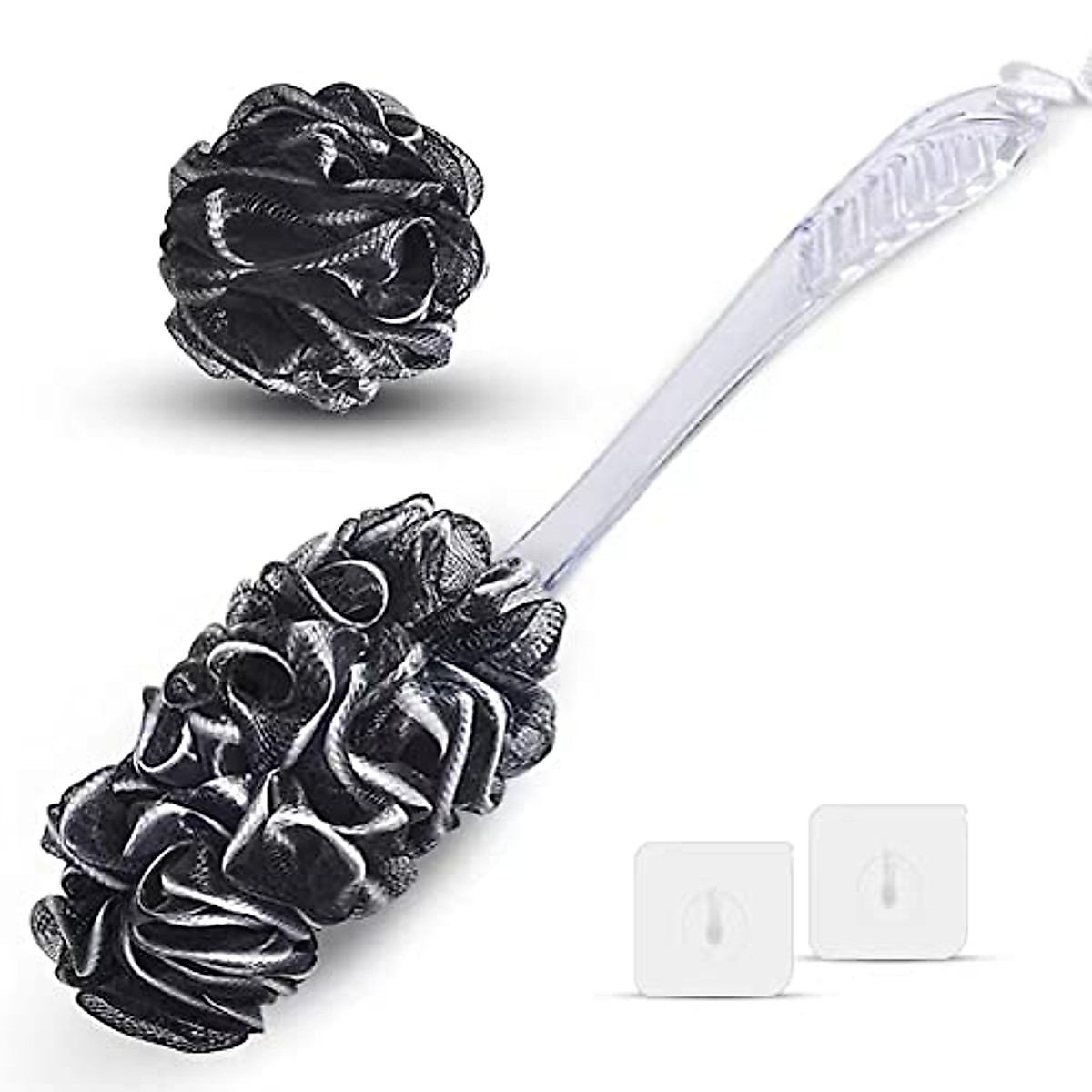 Loofah-Charcoal Back-Scrubber-Bath Sponges-Long Handled Shower Sponge-Loofah On a Stick- 1 Long Handle Back Brush, 1 Large Soft Mesh Poufs and 2 Hook for Men and Women