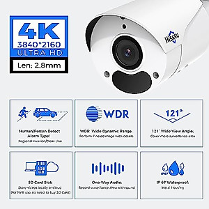 [121°Wide View Angle] Hiseeu 4K Camera PoE Camera,8MP IP Camera Outdoor&Indoor,3840*2160,100ft Night Vision,1-Way Audio, WDR, Human/Vehicle Detect, IP67 Waterproof,Work w/PoE NVR Home Surveillance Kit