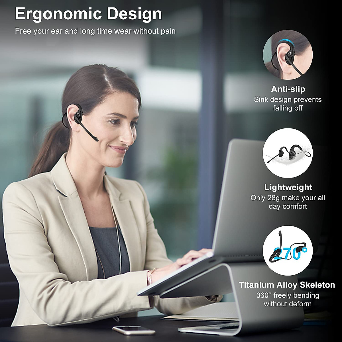 iDIGMALL Latest Bluetooth 5.3 Headset w/ CVC8.0 Noise Cancel Mic Boom, Open-Ear Air Conduction Wireless Stereo Headphones, All Day Comfortable Fit for Office Riding Driving Running Student Learning…