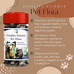 Vitality Science Pet Flora Natural Cat & Dog Gut Health Probiotics | Dog Digestive Supplements | Cat Constipation Relief | Dog Gas Remedy | Daily Probiotic for Dogs & Cats (250 Caps)