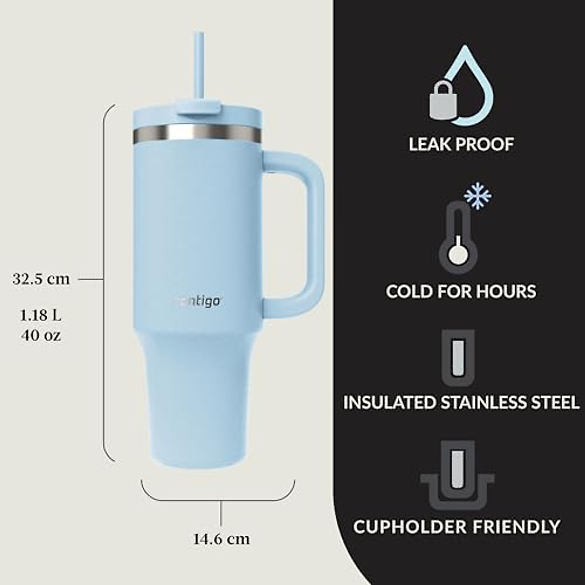 Contigo Streeterville 40oz Tumbler, Stainless Steel Vacuum Insulated, Leak-Proof, Cold for 29 Hours, Glacier