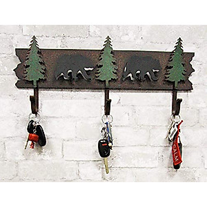 Ebros Western Rustic 2 Roaming Black Bear Silhouettes And 3 Green Pine Trees 3-Peg Cast Iron Wall Hooks 20.25"Wide Hanger 3D Abstract Art Forest Bears Coat Hat Keys Hook Decor Hanging Sculpture Plaque