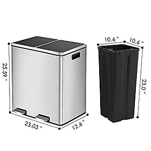 HEMBOR Dual Trash Can, 16 Gallon (2X30L) Step Rubbish Bin, Stainless Steel Double Compartment Classified Recycle Garbage Pedal Dustbin, Suit for Bathroom Kitchen Office Home, Indoor and Outdoor