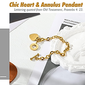 Emibele Heart Charm Bracelet for Women, Bible Verse Bracelets Stainless Steel 18K Gold Plated Bracelet Love Pendant Link Chain OT Clasp, Birthday Christmas Jewelry Gift for Mother Her, Gold