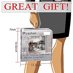 PUSDON Over Sink Dish Drying Rack (34"-45") 3 Tier, 2 Cutlery Holders Adjustable Dish Drainer for Kitchen Storage Countertop Organization, Stainless Steel Space Save Shelf (Sink Size≤44inch, Black)