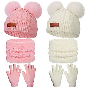 2 Set Kids Winter Hat Scarf Gloves Set Warm Toddler Knit Beanies Gloves Neck Warmer Set for Boys Children Girls (White, Pink)