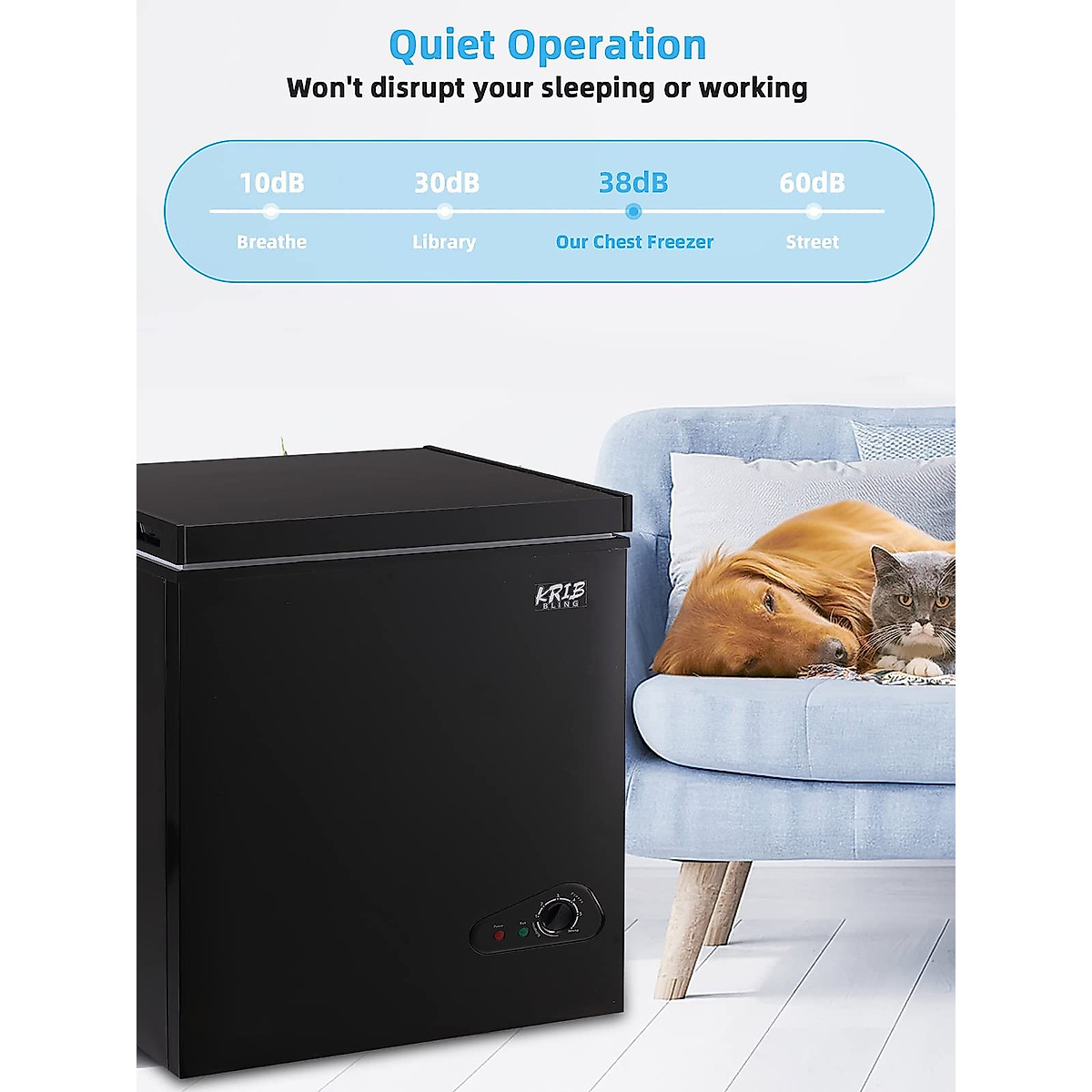 KRIB BLING Chest Freezer 5.0 cu.ft Mini Adjustable 7 Thermostat Compact Deep Freezer Top Door Low Noise with Removable Basket Black