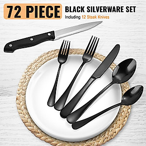 Silverware Set, 72-Piece Black Silverware Set with Steak Knives Stainless Steel Cutlery Set for 12 Includes Knives Forks and Spoons Kitchen Silverware Sets for Home, Mirror Polished & Dishwasher Safe
