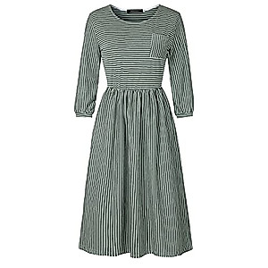 MEROKEETY Women's Short Sleeve Striped High Waist T Shirt Midi Dress with Pockets, Olive, Medium