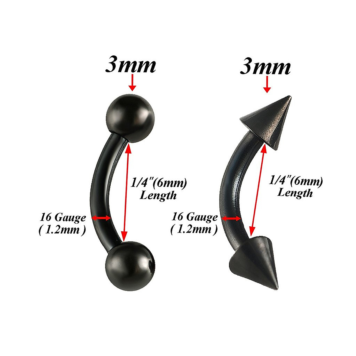 bodyjewellery Cartilage Earring Eyebrow Piercing Spike Lip Rings Balls 16g Curved Barbell Surgical Steel Conch Rook Labret 1/4 6mm Black