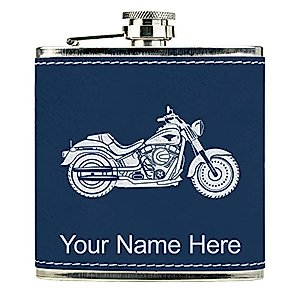 Faux Leather Flask, Motorcycle, Personalized Engraving Included (Dark Blue)