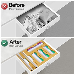 Ziplock Bag Organizer & Foil and Plastic Wrap Organizer with Cutter, 6 IN 1 Plastic Wrap Dispenser & Plastic Bag Organizer, Kitchen Bag Storage for Gallon, Quart, Sandwich, Snack, Bamboo