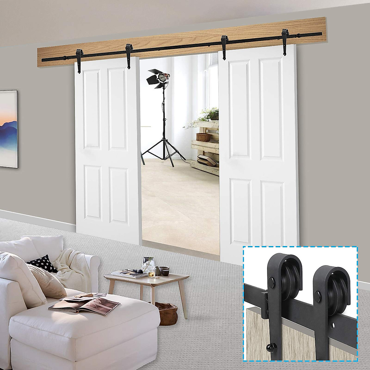 Saicool 6.6FT/12FT Heavy Duty Sturdy Sliding Roller Barn Door Hardware Kit Smoothly and Quietly Closet Track Kit Set with Track Rollers Matching Hardware (12 FT)