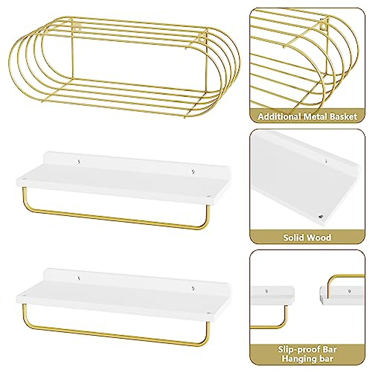 Love-KANKEI Floating Shelves Wall Mounted, Bathroom Shelf with Towel Bar, Wall Shelves with Wire Storage Basket,Wood Shelves for Kitchen Bedroom Living Room, Set of 3 White and Gold