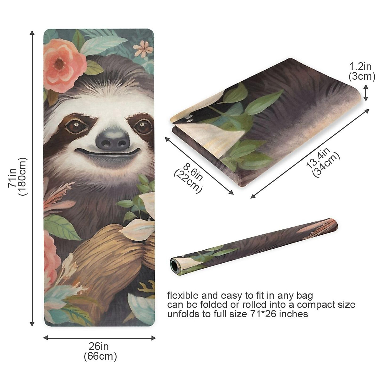 GOODOLD Funny Sloth Yoga Mat, 71 x 26 Inch Non-slip Yoga Mats Folding Travel Exercise Mat Indoor Outdoor Gym Pilates with Storage Bag for Women Men