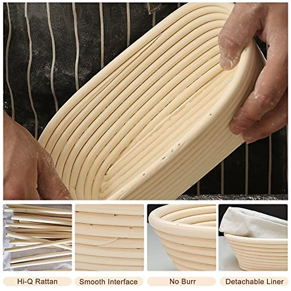 Banneton Bread Proofing Basket Set of 2: 10 Inch Oval Dough Proofing Bowls with Liners, Bread Basket for Artisan Sourdough Bread Making for Professionals and Home Bakers
