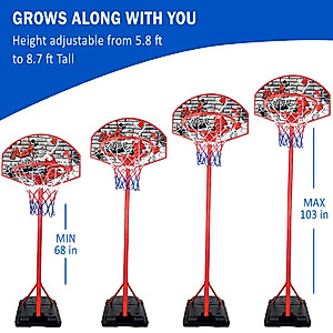 Kids Basketball Hoop Indoor Outdoor Play Adjustable Height 5.8 ft to 8.7 ft Tall Portable Basketball Court Hoops Net with Fillable Base