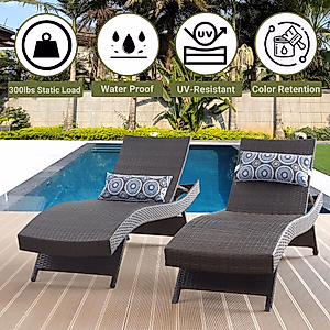 79" Long Reclining Chair with Back Cushions, Foldable Reclining Lounge Chair Set of 2, Dark Brown Outdoor Wicker Reclining Chaise Longue Chair, Adjustable Backrest, Patio Rattan Lawn Sunbathing Chair