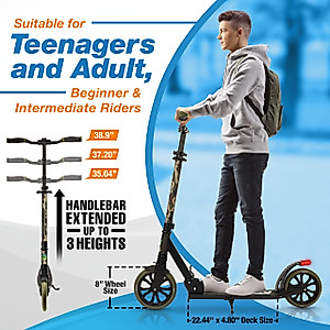 SereneLife Lightweight and Foldable Kick Scooter Comfortable T-Bar Handlebar, Adjustable Scooter for Teens and Adult, Alloy Deck with High Impact Wheels, Durable ABEC-7 Bearings, Camo