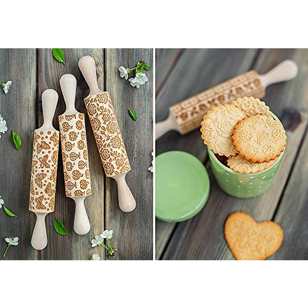 Roses Rolling Pin, flowers imprint utensil, floral ornamental pattern, embossing cookie stamp, engraved cookie roller