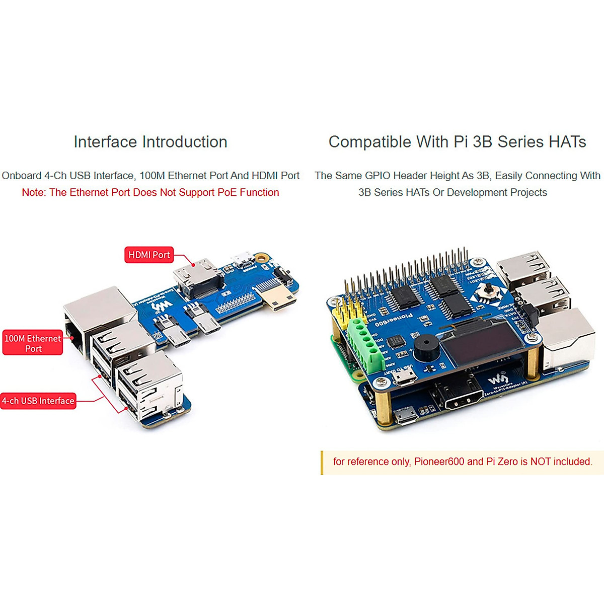 Raspberry Pi Zero to Pi 3B/3B+ Adapter, Connect Raspberry Pi Zero/W/Zero 2 W to Replace Raspberry Pi 3 Model B/3B+, Compatible with Pi 3B/3B+ Hats, Support 1-CH RJ45 Ethernet Port, 10/100 M Adaptive