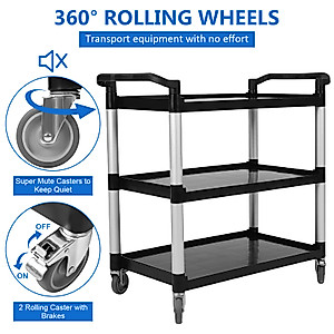 Service Cart Heavy Duty 3-Shelf Rolling Utility/Push Cart with Lockable Wheels, 360 lbs. Capacity, Black, for Foodservice/Restaurant/Cleaning (Black)