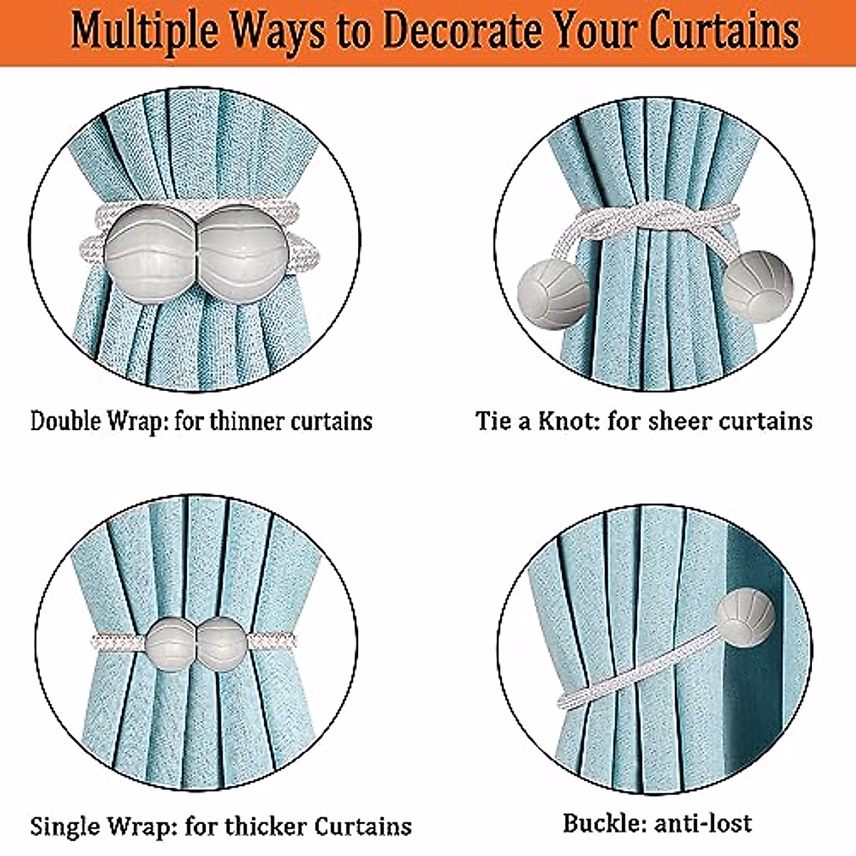 Strong Magnetic Curtain Tiebacks, 2 Pack Magnetic Tiebacks for Curtains Decorative Curtain Holdbacks Strap Modern Rope Drape Tie Backs for Outdoor Home Window Office Bathroom Round Design, Grey