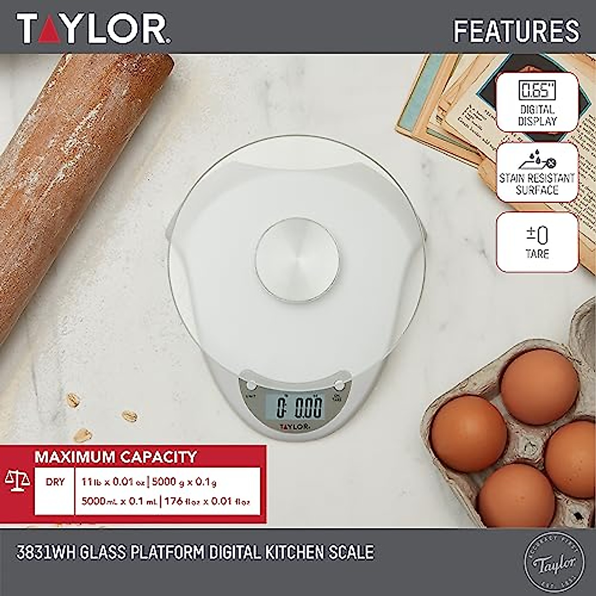 Taylor Digital Kitchen Scale with Glass Platform, Tare Button, and Plastic Body Weighs up to 11 Pounds Capacity, White