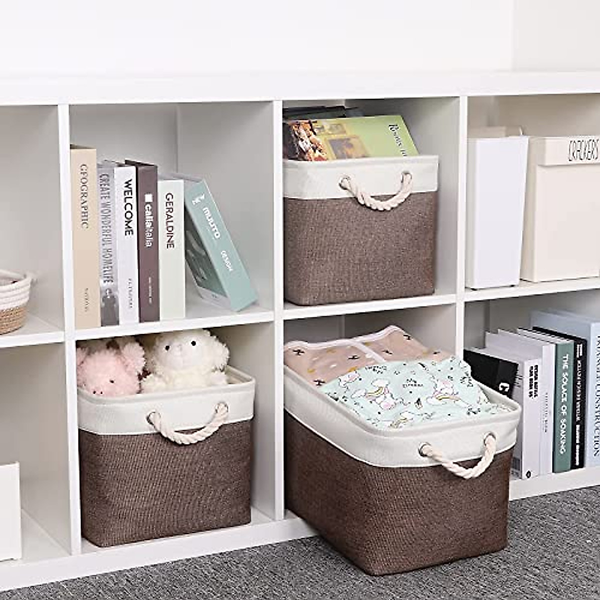 Bidtakay Baskets Set Fabric Storage Bins-White&Earthy Brown Bundled Baskets of 2 Large Baskets 16" X 11.8" X 11.8" + 3 Medium Baskets 15" X 11" X 9.5"