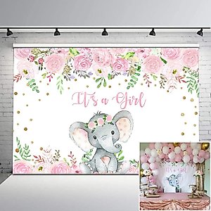 Mocsicka Elephant Baby Shower Backdrop Girl Pink Floral Little Elephant Baby Shower Background 7x5ft Blush Pink and Gold Sprinkle Elephant Baby Shower Backdrop Decorations for Girls