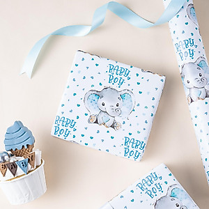 WRAPAHOLIC Baby Boy Wrapping Paper - Mini Roll - 17 Inch X 33 Feet - Adorable Blue Elephant Design for Baby Shower, Party, Holiday