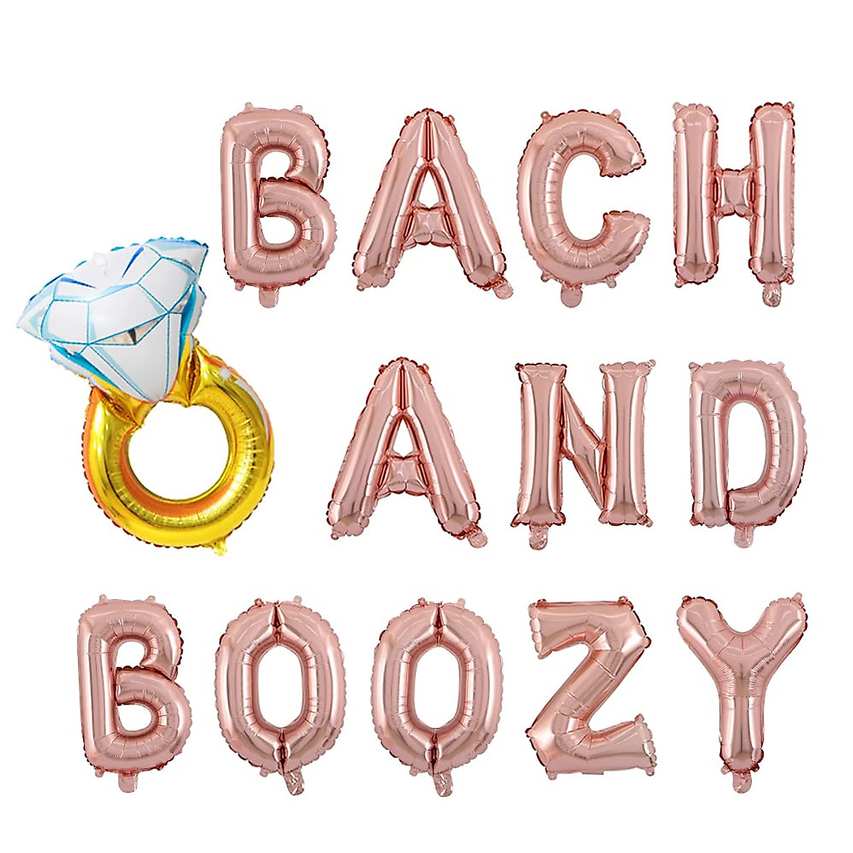 AnnoDeel Bach and Boozy Foil Balloons Banner, 16inch Rose Gold Letter Mylar Balloons Big Diamond Ring Balloon for Bride Shower Bacheloretter Party Decor