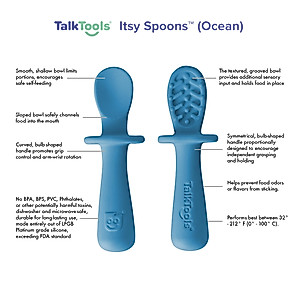 TalkTools Itsy Tiny Silicone Spoons – Twin Pack Soft Silicone Self-Feeding Training Spoons for Kids & Toddlers, Anti-Choking Flange Guard and Non-Slip Handle (Ocean)