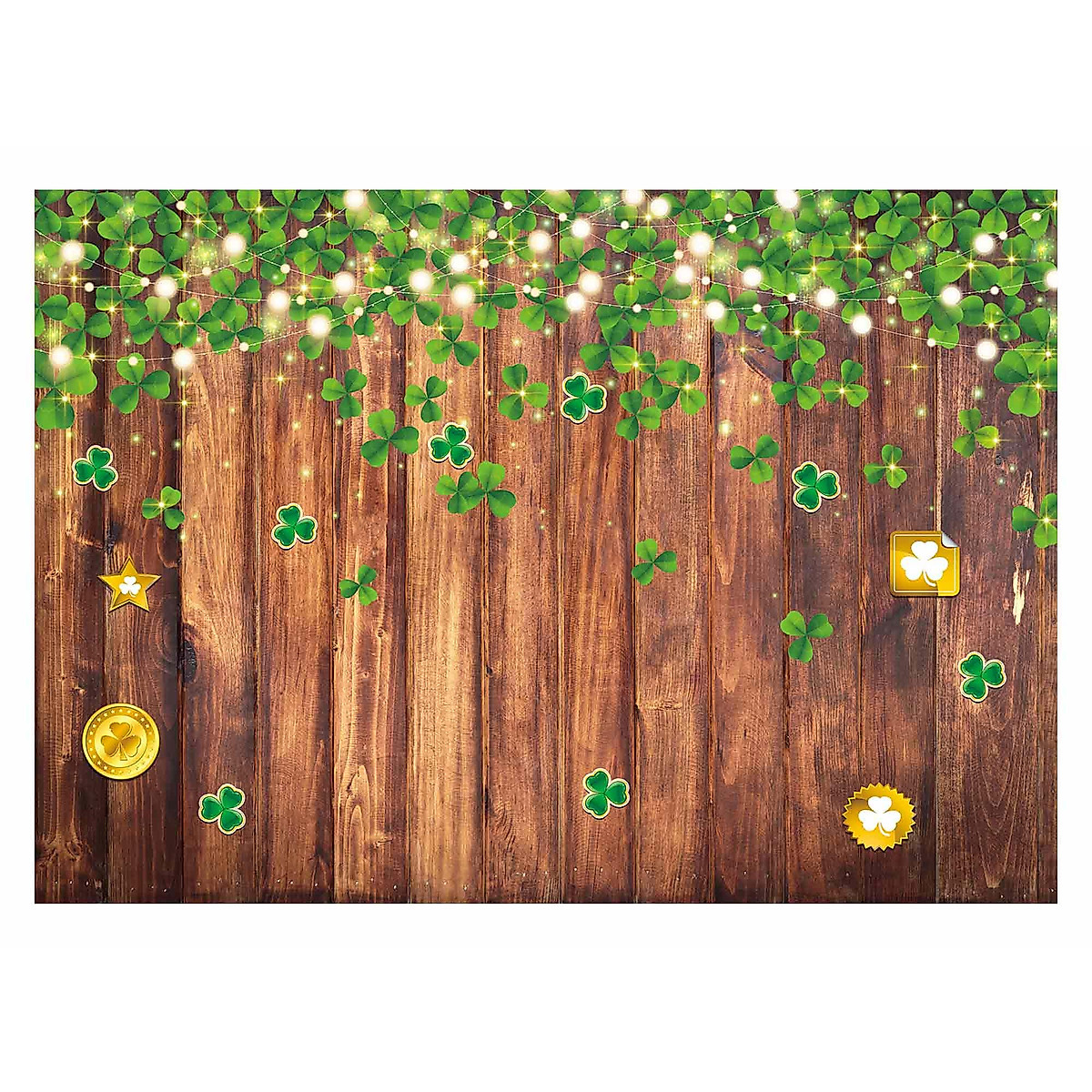 Allenjoy 82" x 59" St. Patrick's Day Backdrop Glitter Rustic Wood Green Lucky Shamrock Gold Coins Photography Background for Kids Baby Shower Birthday Party Decor Banner Portrait Photo Booth Props