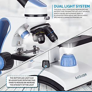 AmScope M162C-2L-PB10-WM"Awarded 2018 Best Students and Kids Microscope Kit" - 40X-1000X Dual Light All Metal Microscope with Slides and Microscope Book, Blue