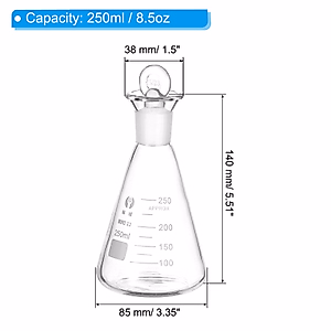 PATIKIL Erlenmeyer Flask, 250ml 8.5oz Narrow Mouth Graduated Flasks with Glass Stopper Borosilicate Glass Flasks with Printed Graduation for Lab Experiment Chemistry Science