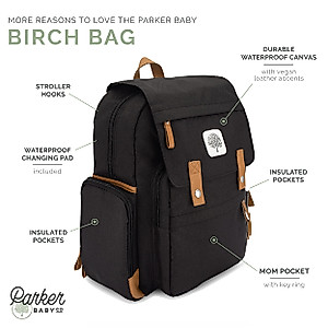 Parker Baby Diaper Backpack - Large Diaper Bag with Insulated Pockets, Stroller Straps and Changing Pad -"Birch Bag" - Black