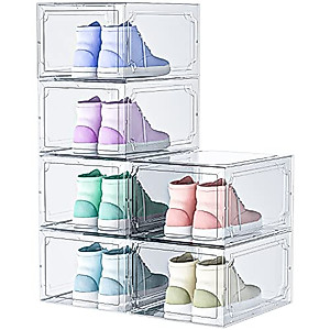 AOSOK Shoe Storage Boxes, 6-Pack Shoe Organizer Clear Plastic Stackable Shoe Containers for Closet, Assemblable Storage Bins Sneaker Storage, Plastic Shoe Boxes With Lids 15.35x7.48x6.88