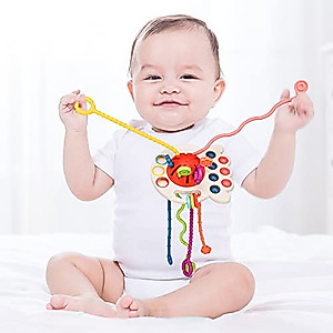 Tiyol Montessori Toys for 1+ Year Old, Food Grade Silicone Pull String Activitys, Developmental Pulling Teething Baby Sensory Toy, Fun Car Seat Airplane Travel Toddler Boy &Girl Infant Birthday Gifts