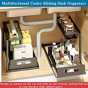LFGKeng Under Sliding Sink Organizer, Pull Out Cabinet Drawer 2 Tier, Under Sink Shelf Organizer Rack, Under Cabinet Storage for Kitchen Spice Organizer, Bathroom Countertop Organize Baskets(Black)